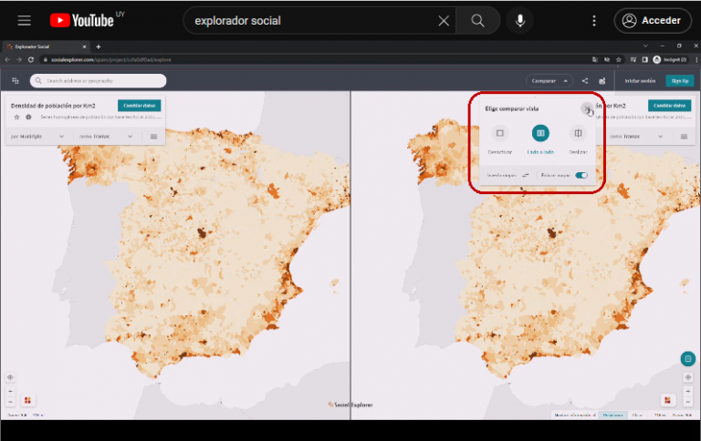 Utiliza las funciones de comparación de mapas a los lados y de deslizar - Explorador Social